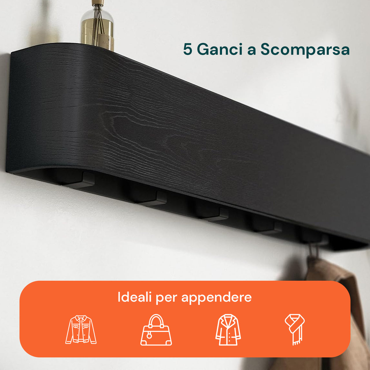 Appendiabiti da Muro Design Moderno con 5 Ganci a Scomparsa – Avilia Home